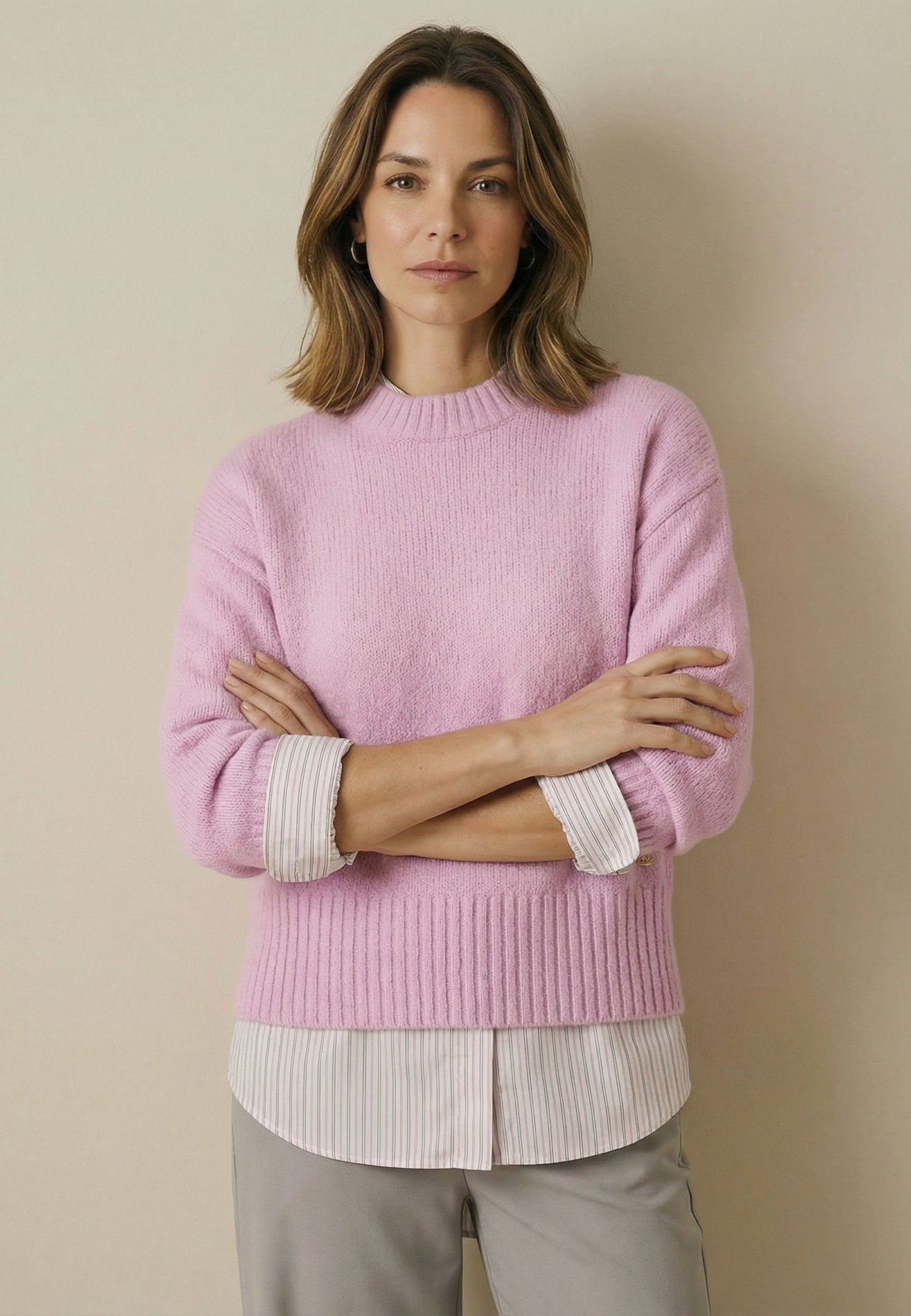 Strickpullover aus Baumwollmix mit Stehkragenoptik und breiten Bündche ...